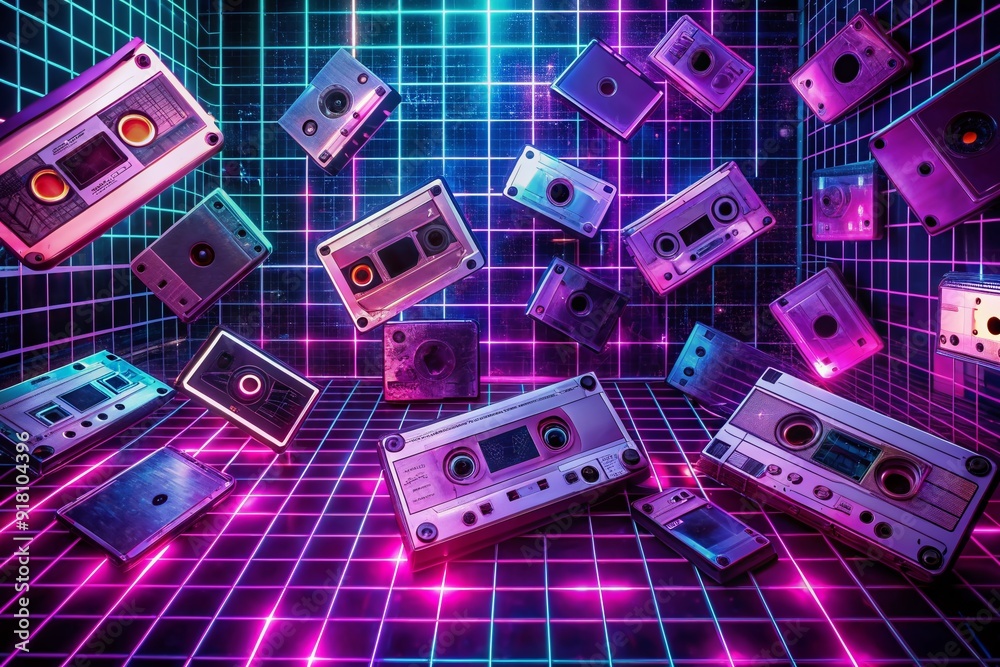 Neon-lit, distressed grid with cassette tapes, VHS tapes, and retro ...