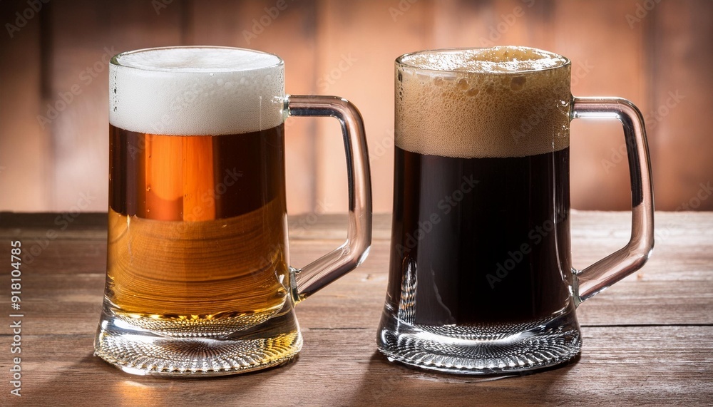 two mugs full of chopp one with pilsen chopp and one with dark chop on ...