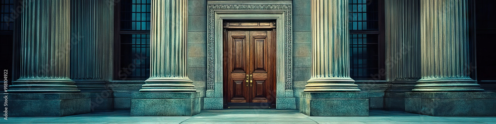 An imposing courtroom door, flanked by two towering columns, ready to ...