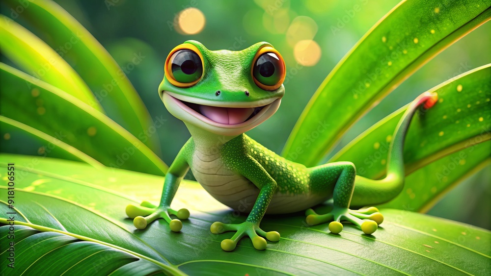 Adorable bright green cartoon gecko wearing sunglasses and a cheerful ...