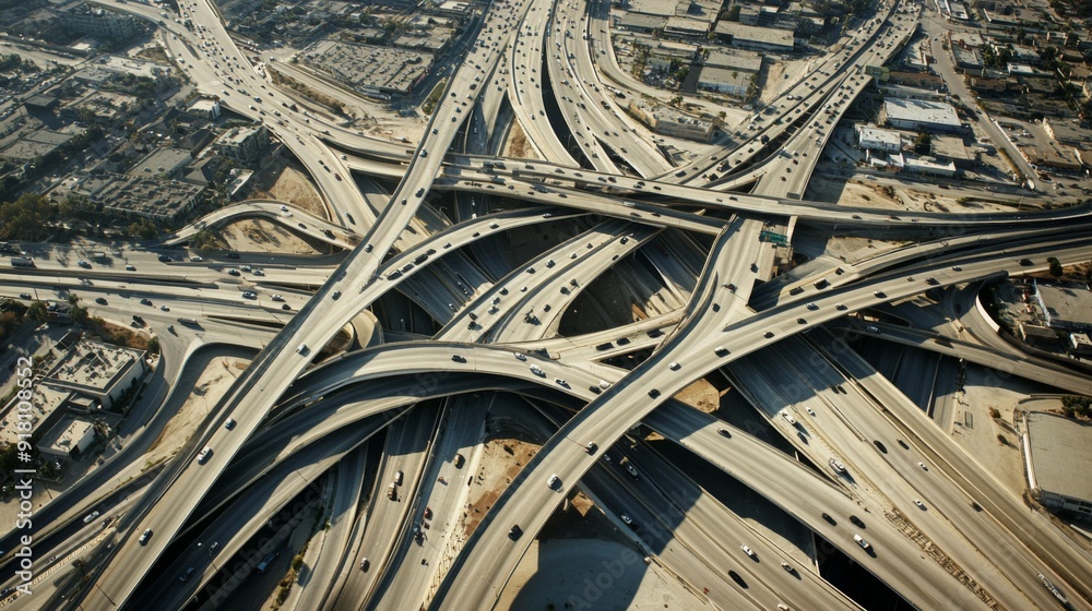 An aerial view of a complex highway interchange, with multiple lanes ...