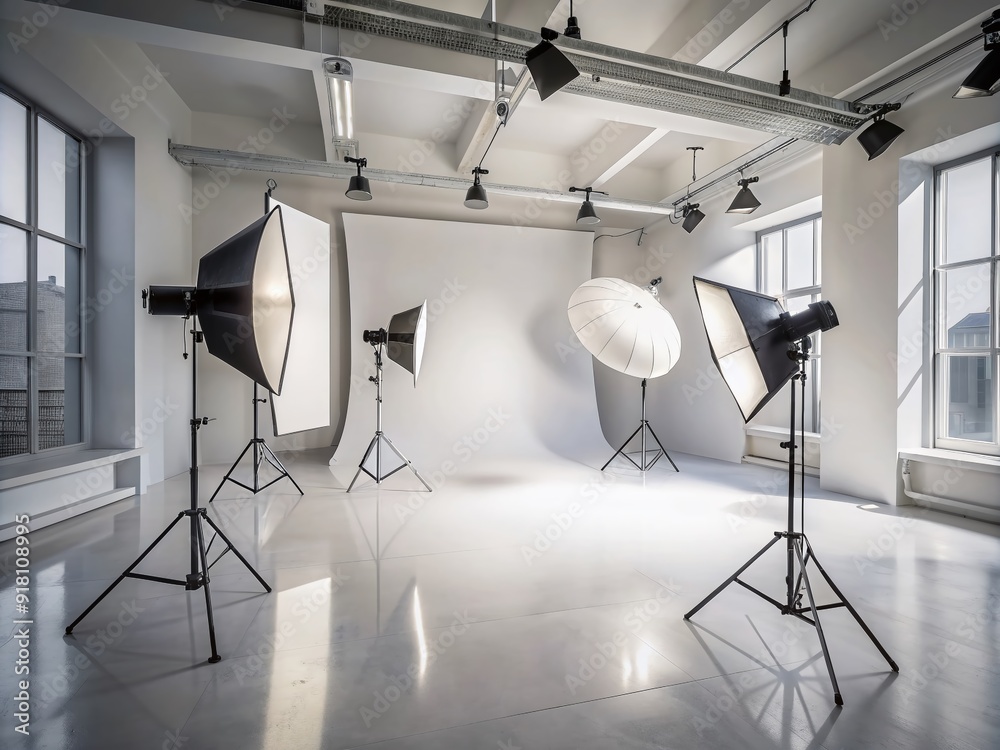 Well-lit professional photography studio with a pristine white backdrop ...