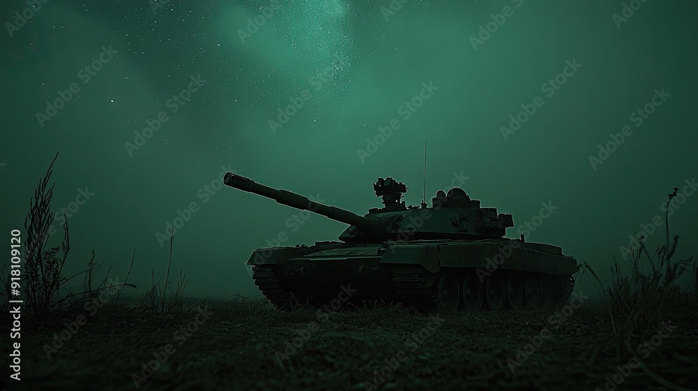 Night-vision view of a tank crew conducting maintenance under the cover ...