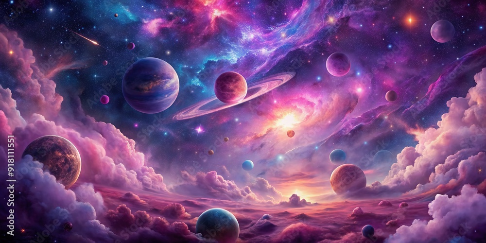 Vibrant pink and purple nebula clouds swirl amidst shimmering stars and ...