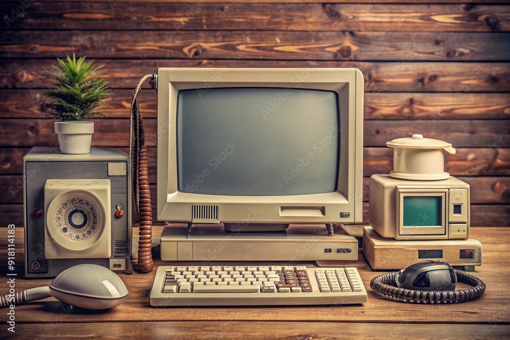 Retro desktop setup with beige monitor, floppy disk-drive computer ...