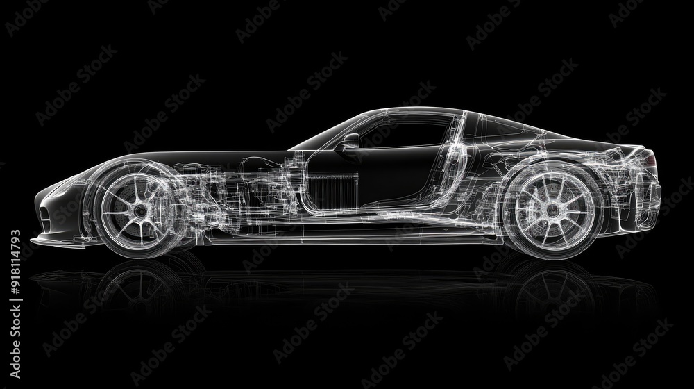 X-ray view of a car chassis displayed on a black background, revealing ...