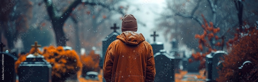 sad grieving man stands at the grave of a loved one in the cemetery on ...
