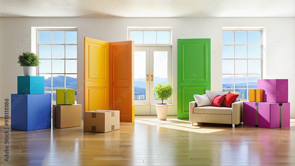 Colorful moving flyer with empty rooms, boxes, and furnituresilhouettes ...