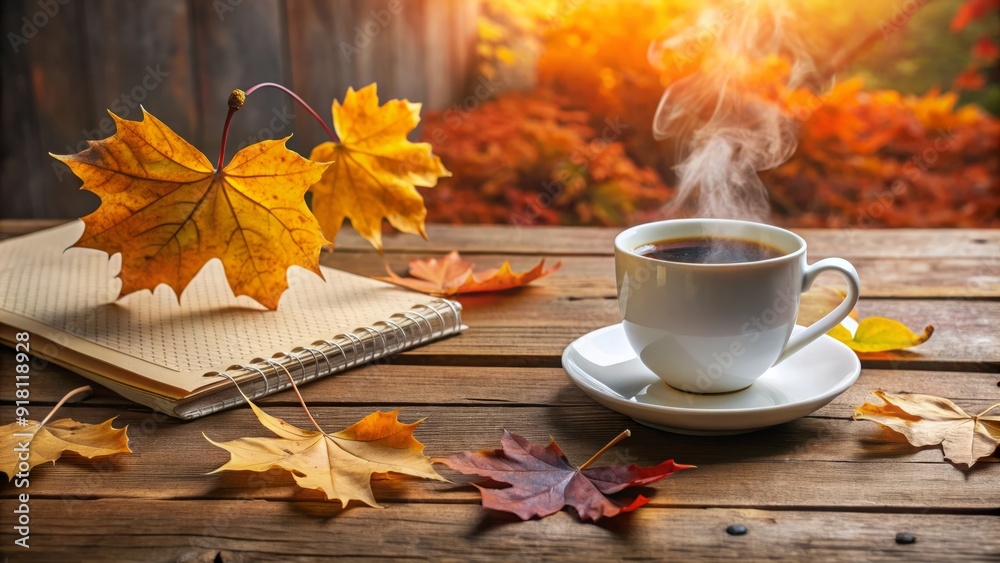 Cozy autumn morning scene with steaming hot coffee, crispy fall leaves ...