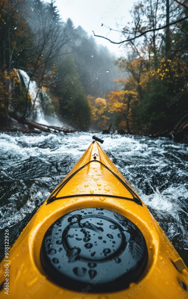 A yellow kayak is in the water with a waterfall in the background. The ...
