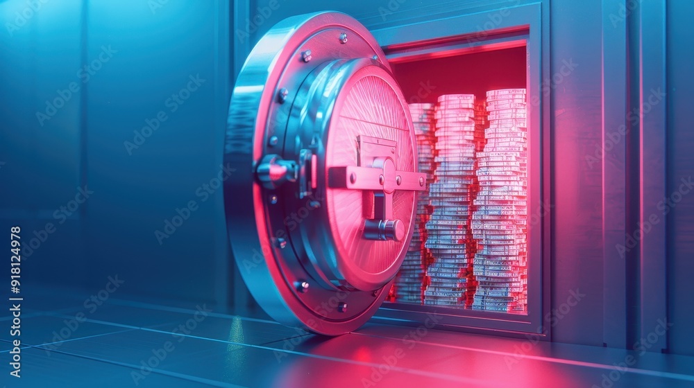 Illuminated bank vault with an open door revealing stacks of money ...