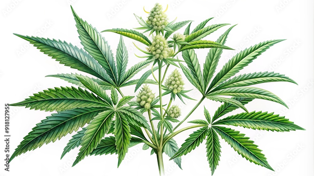 Illustrated botanical drawing of a hemp plant with detailed leaves ...