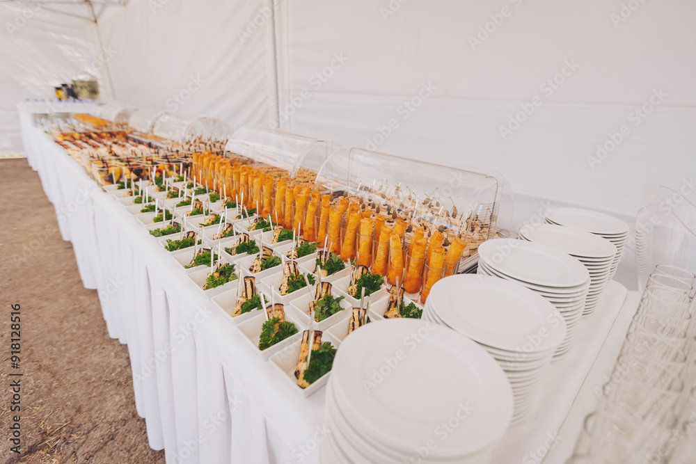 beautiful presentation of food and chef for outdoor wedding. tables in ...