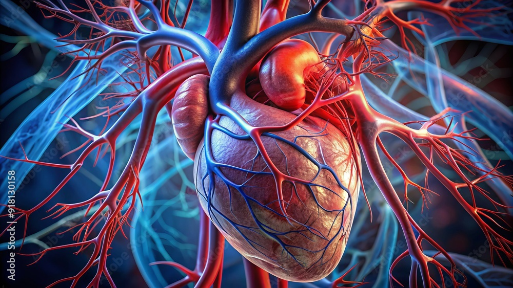 Macro view of a human heart, showcasing its intricate anatomy, with ...