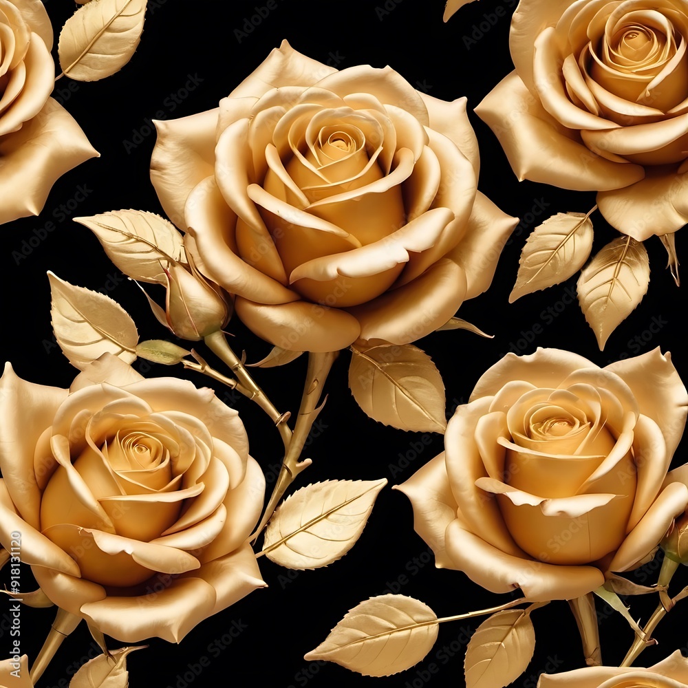 Golden roses on black background. Elegant golden roses flowers wall art ...