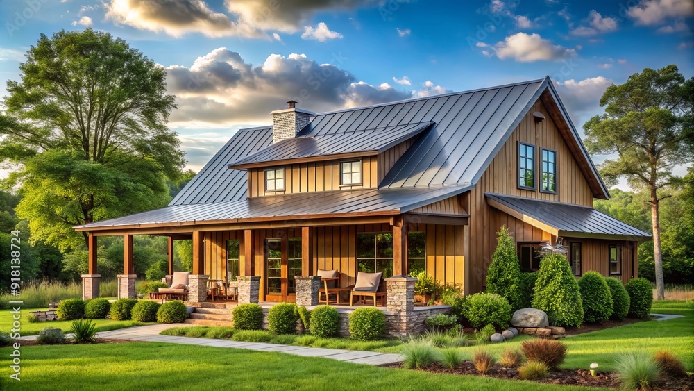 Rustic modern farmhouse with corrugated metal roof and wooden accents ...