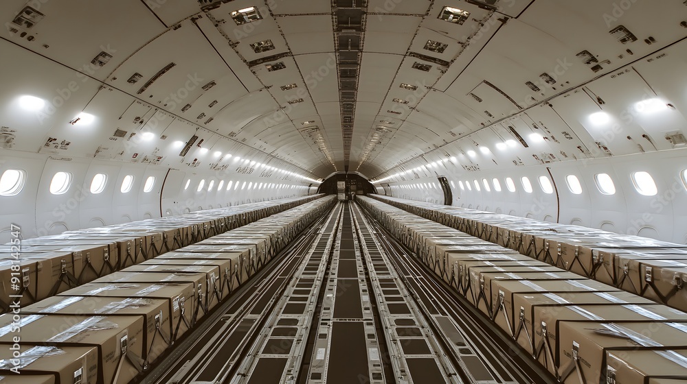 Interior view of an air cargo plane, rows of crates neatly stacked ...