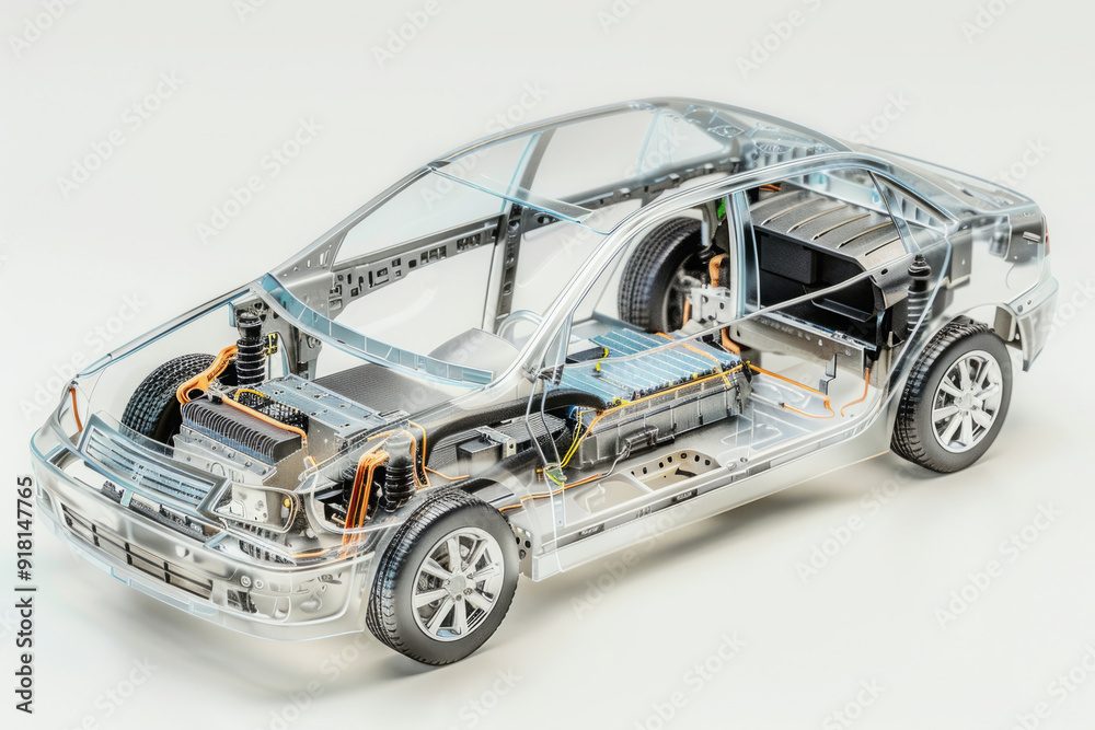 Cutaway view of electric car with battery engine and powertrain on ...
