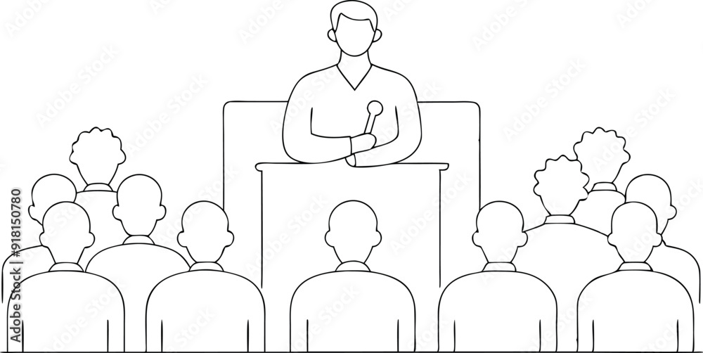 continuous single line drawing of keynote speaker and audience at a ...