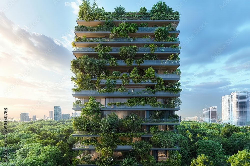 towering ecofriendly skyscraper with hanging gardens and solar panels ...