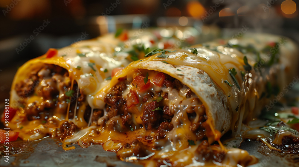 mouthwatering tex-mex burrito with seasoned beef and beans, smothered ...