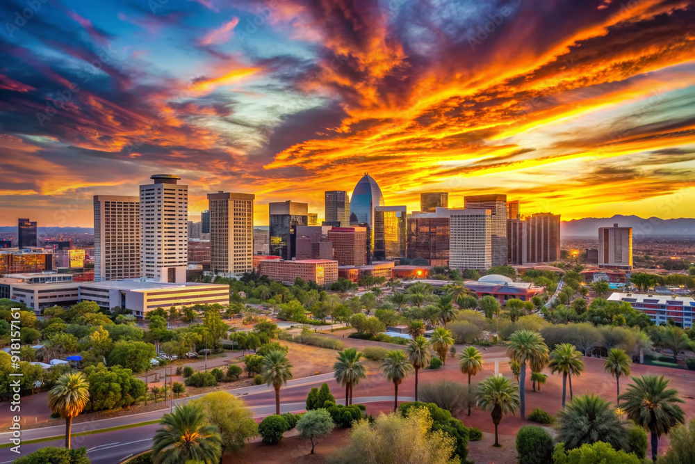 Vibrant sunset casts a warm glow over the sleek, modern skyline of ...