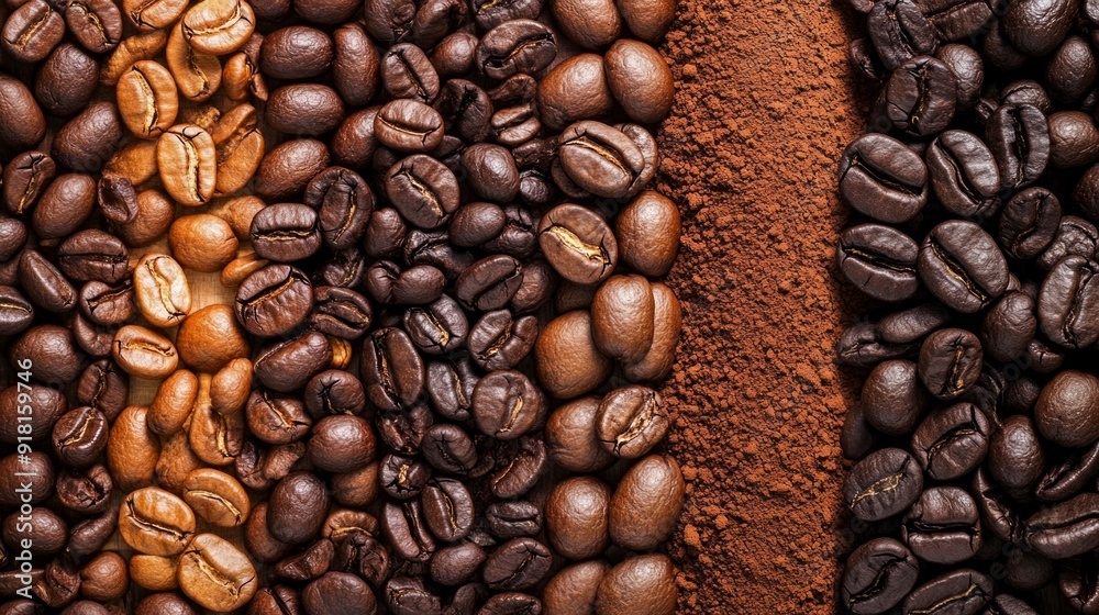 Various coffee beans and ground coffee close-up. A mix of different ...