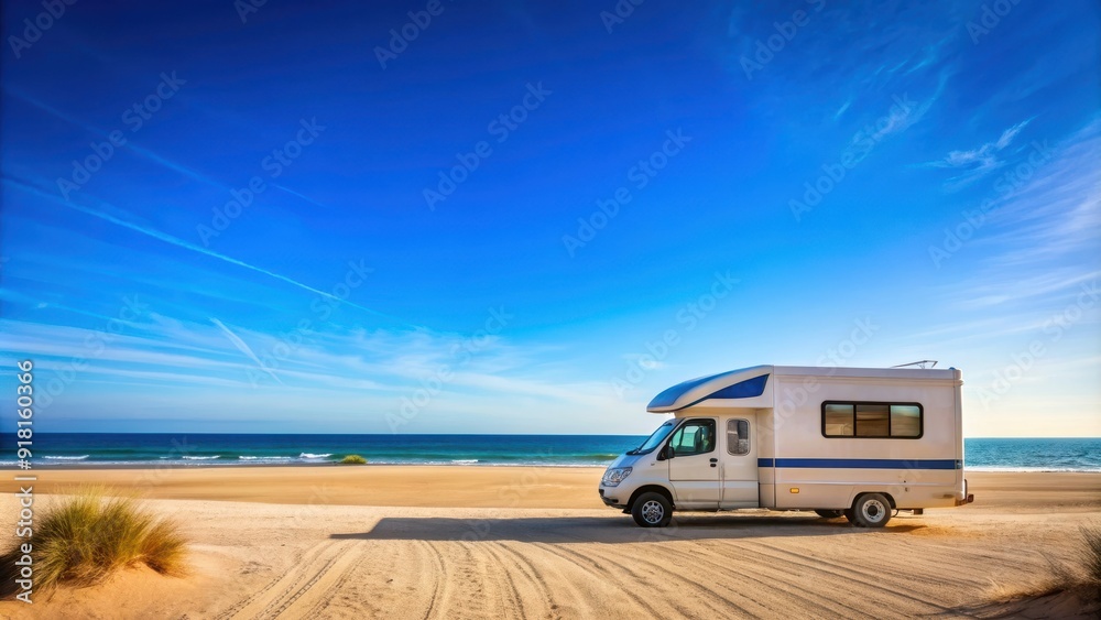 Camper van parked on a sandy beach with a clear blue sky in the ...
