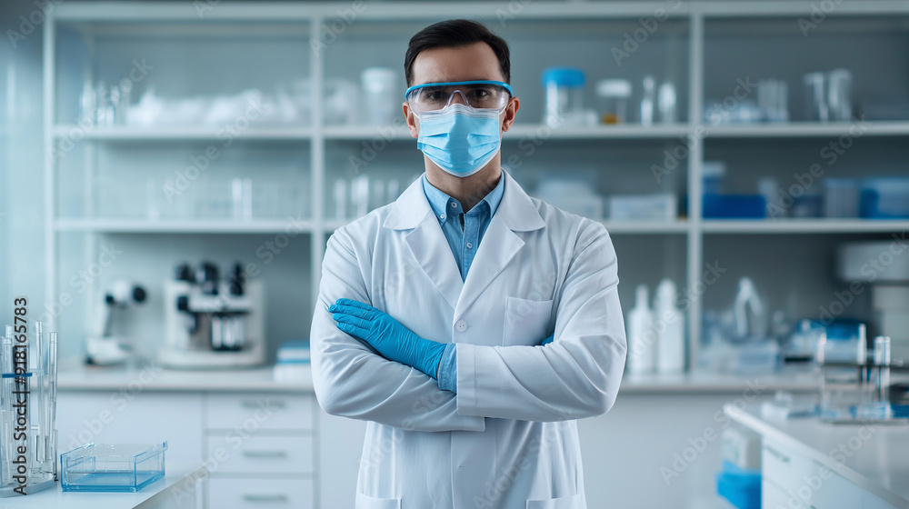 Scientist wearing a face mask and safety goggles stands confidently in ...