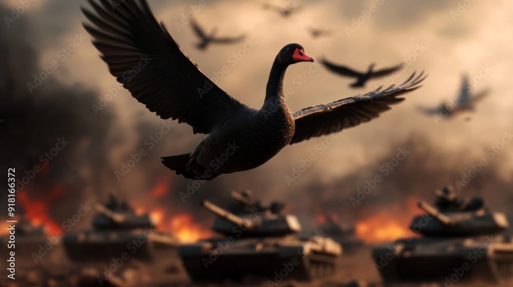 Black swan flying over a battlefield with tanks and soldiers below ...