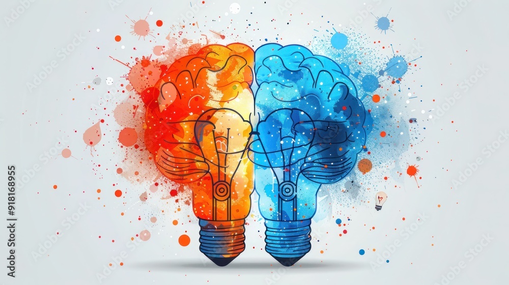 Creative Brain with Half Brain, Half Light Bulb - Vector Line Design ...