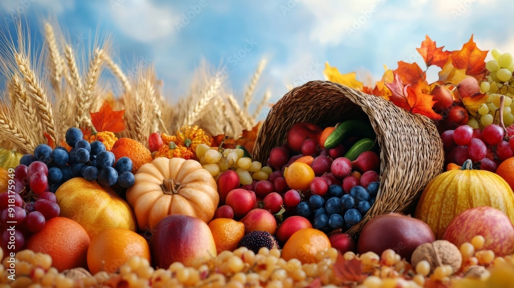 Cornucopia with a variety of colorful fruits, vegetables, and nuts ...