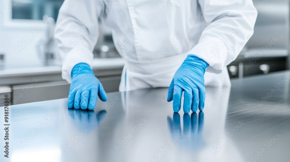Detailed view of a chef disinfecting a stainless steel work surface ...