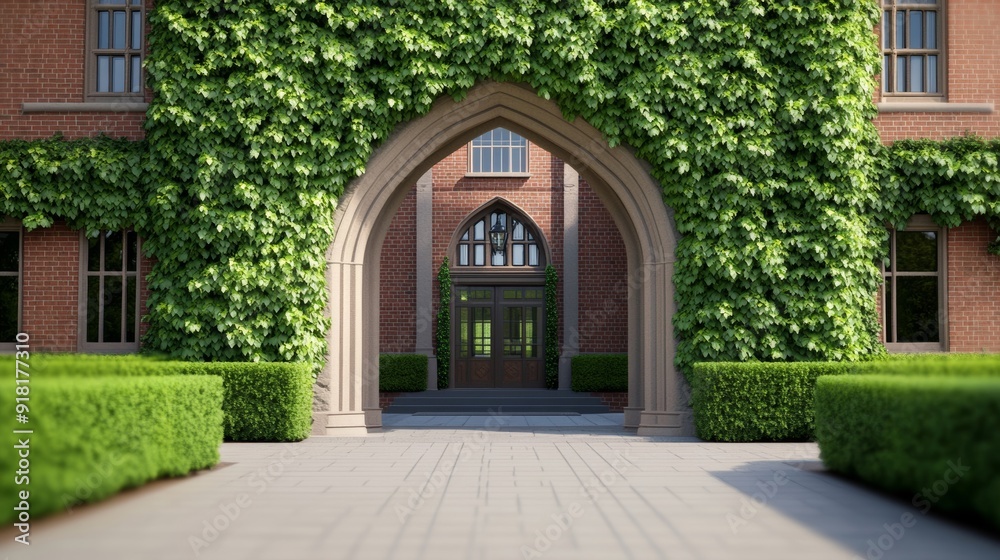 'Elegant private school entrance with ivy-covered brick walls and a ...