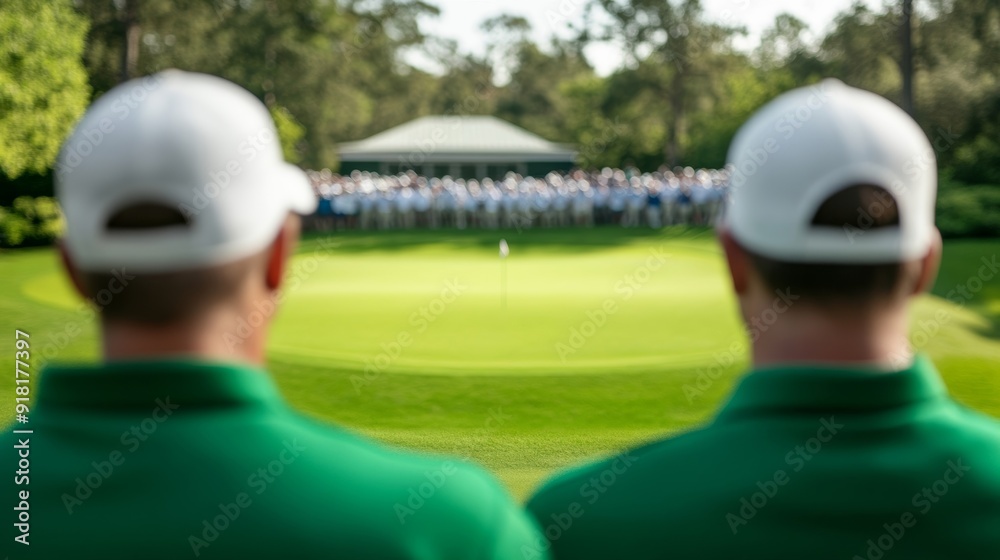 Excited crowd watching a golfer's winning putt in a golf cup ...