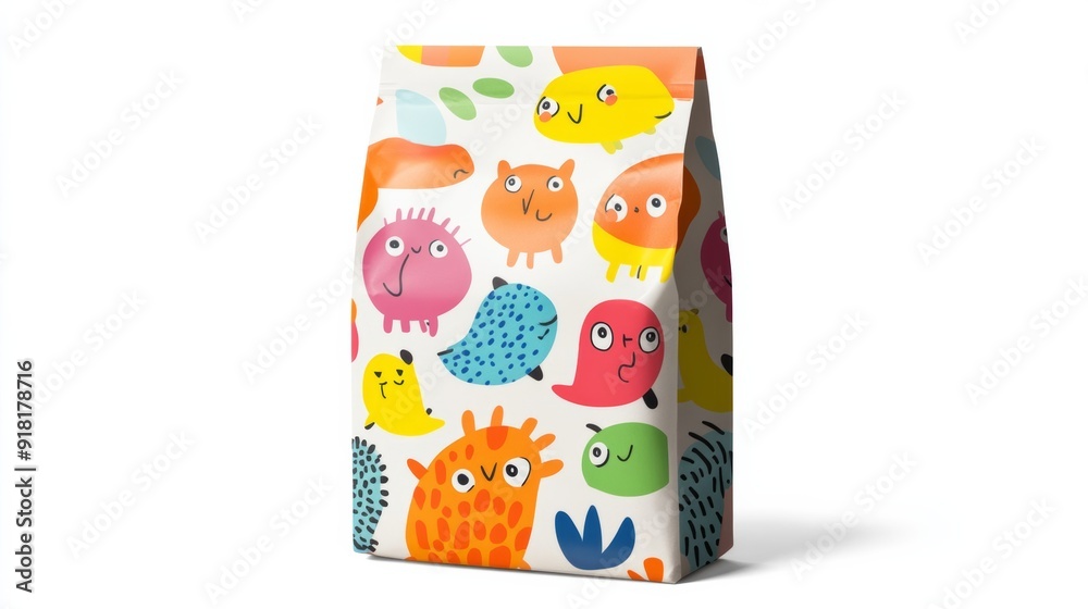 Fun, playful package design for a kids' snack, bright colors, cartoon ...