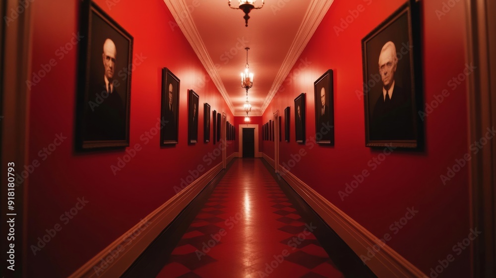 Inside a haunted house, dimly lit corridor with old portraits and ...