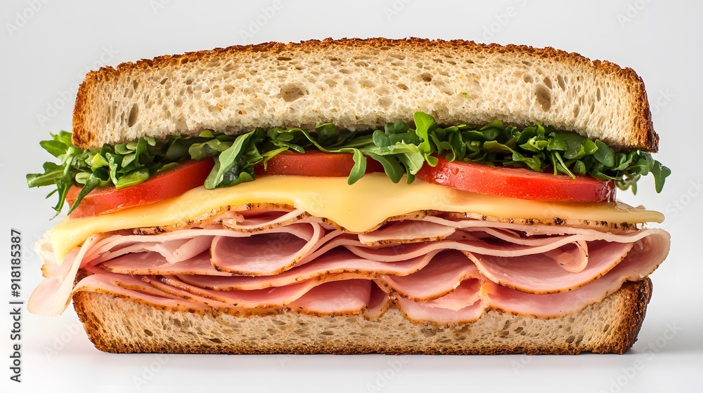 Gourmet sandwich, white tabletop, toasted bread, layers of ham, cheese ...
