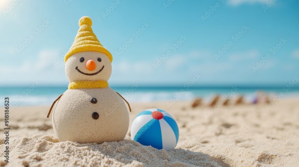 Sand snowman with a beach ball and sandcastle, enjoying a day at the ...