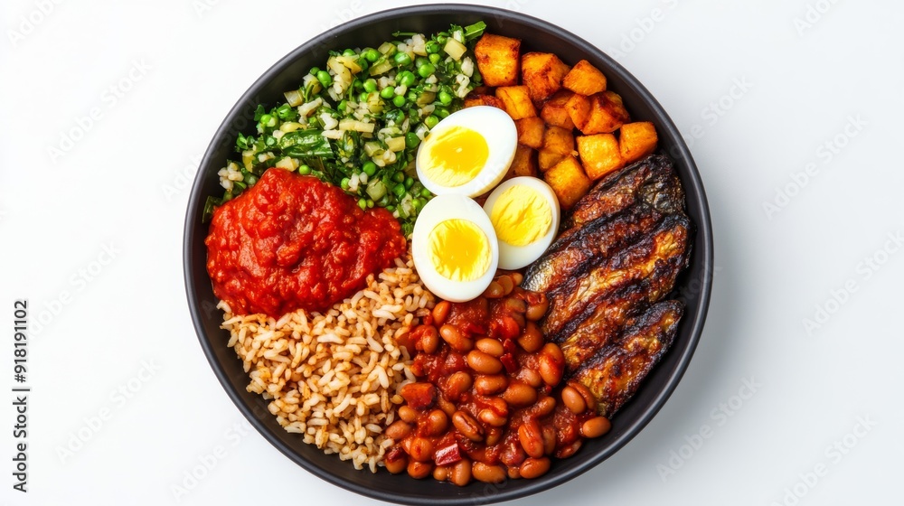 Top view of Ghanaian waakye, a rice and beans dish served with fried ...