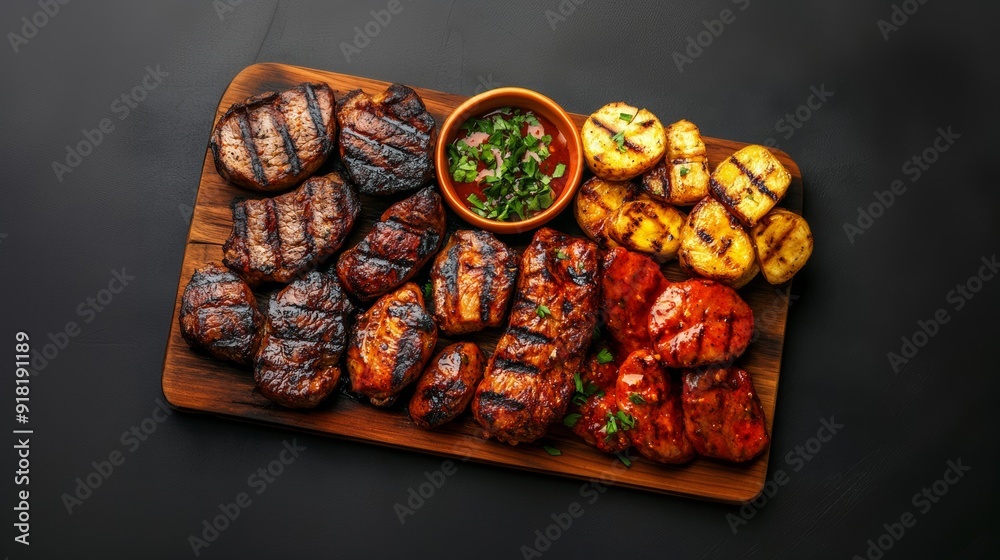Top view of Nigeria's bushmeat, various wild game meats grilled and ...