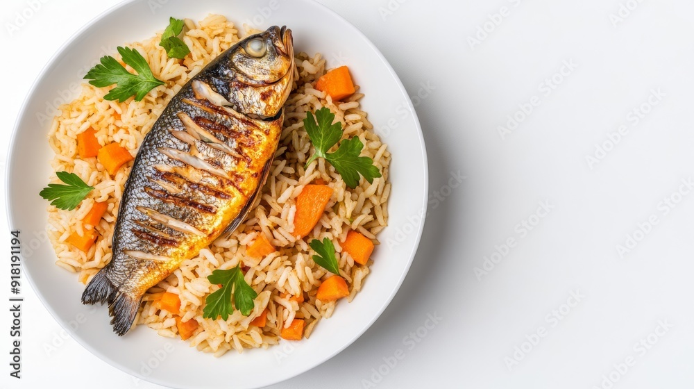 Top view of Senegalese thieboudienne, a fish and rice dish with ...