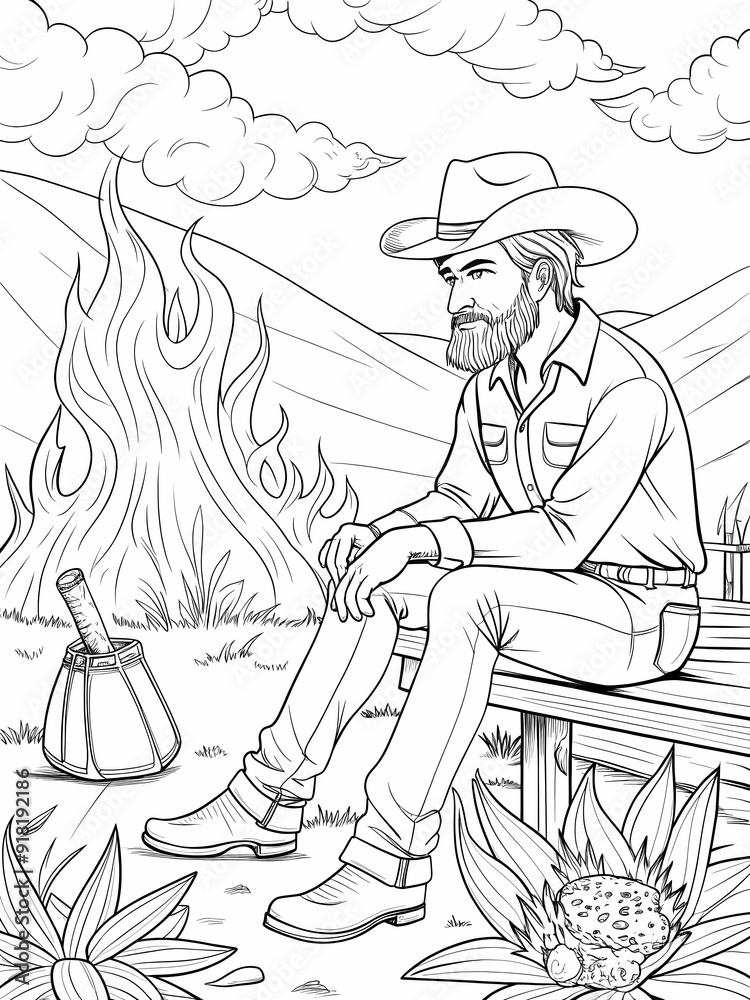 Cowboy Relaxing by Campfire Coloring Page for Kids Stock Illustration ...