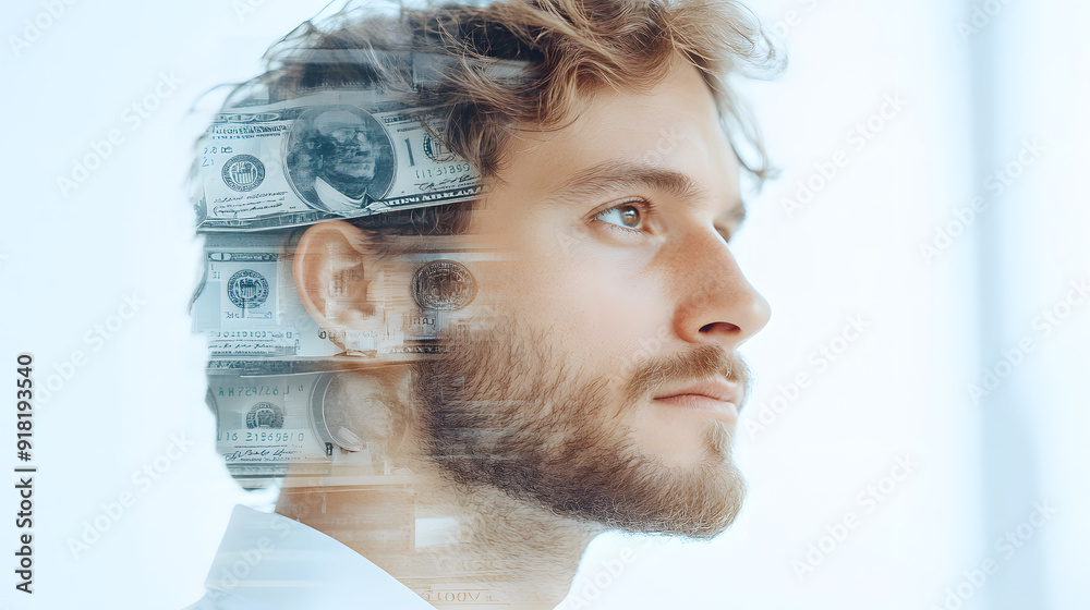 Investment concept art featuring a man and banknotes in double exposure ...