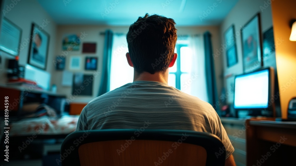 Wide angle shot of a dorm room with loud music playing and a ...