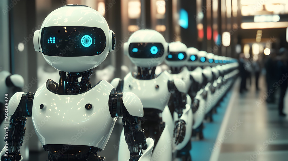 AI-Powered Robots Learning and Adapting - A depiction of robots using artificial intelligence to ...