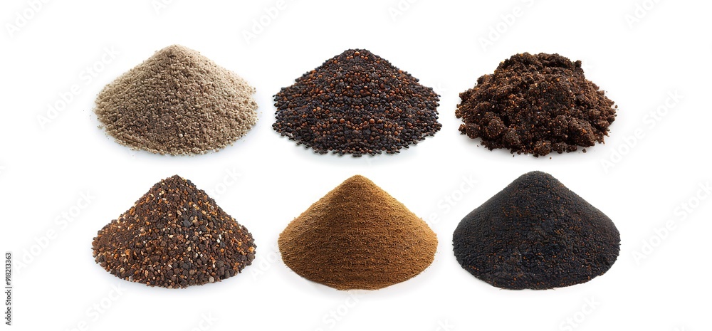 Six different types of soil isolated on a white background. The soil ...