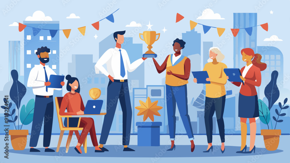 Workplace Awards Ceremony: Employees receiving awards or certificates ...