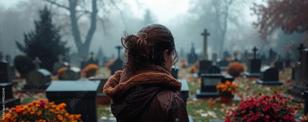 sad grieving woman stands at the grave of a loved one in the cemetery ...