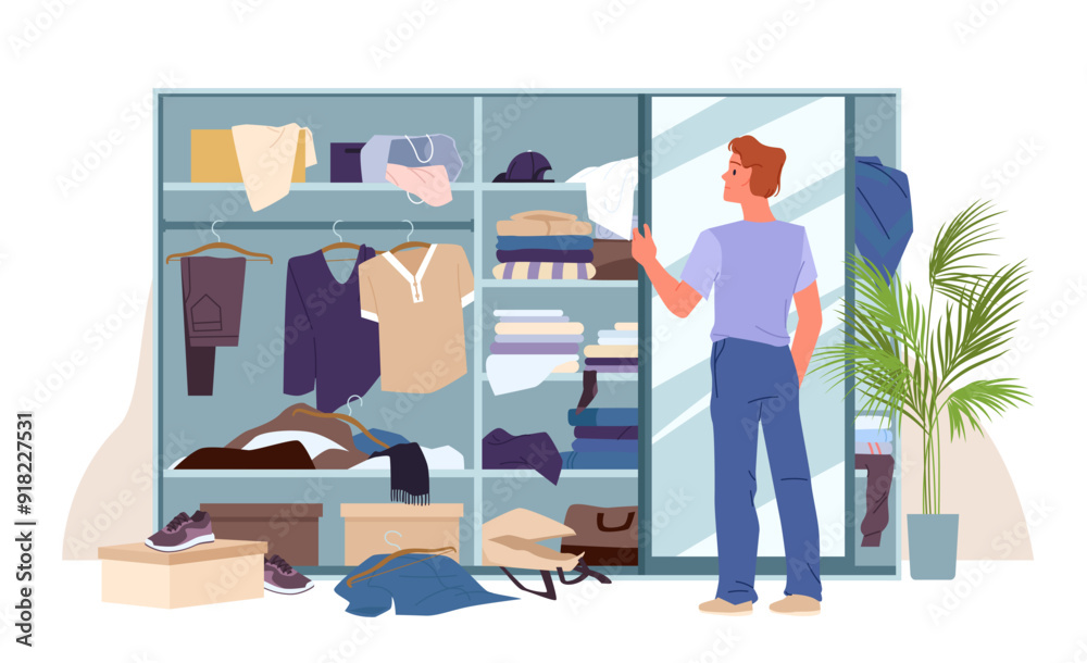 Messy wardrobe with clutter and young man, mess and disorganized ...